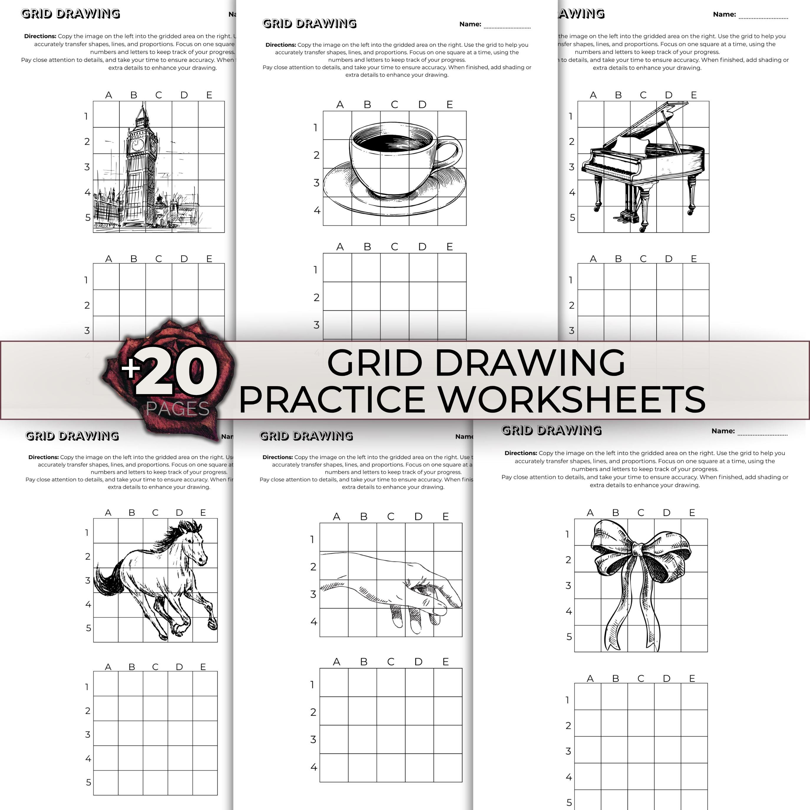 Grid Drawing Practice Worksheets, Pencil Drawing Tutorial Printable ...