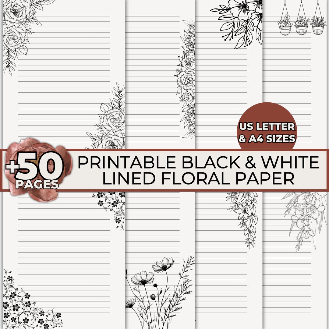 Black and White Floral Lined Paper, Printable Stationery Paper, Journal ...