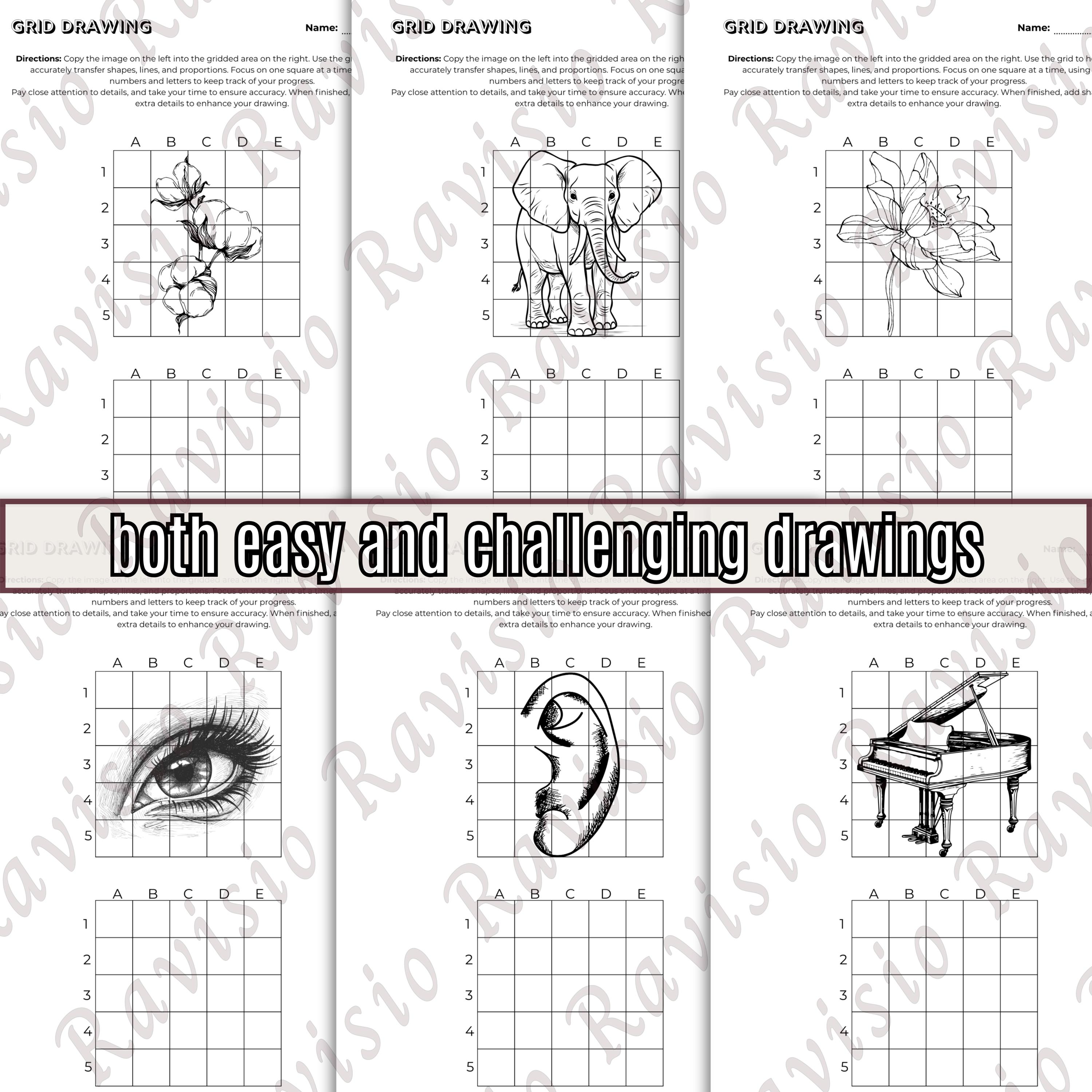 Grid Drawing Practice Worksheets, Pencil Drawing Tutorial Printable Learn to Draw Art Lesson Art ...