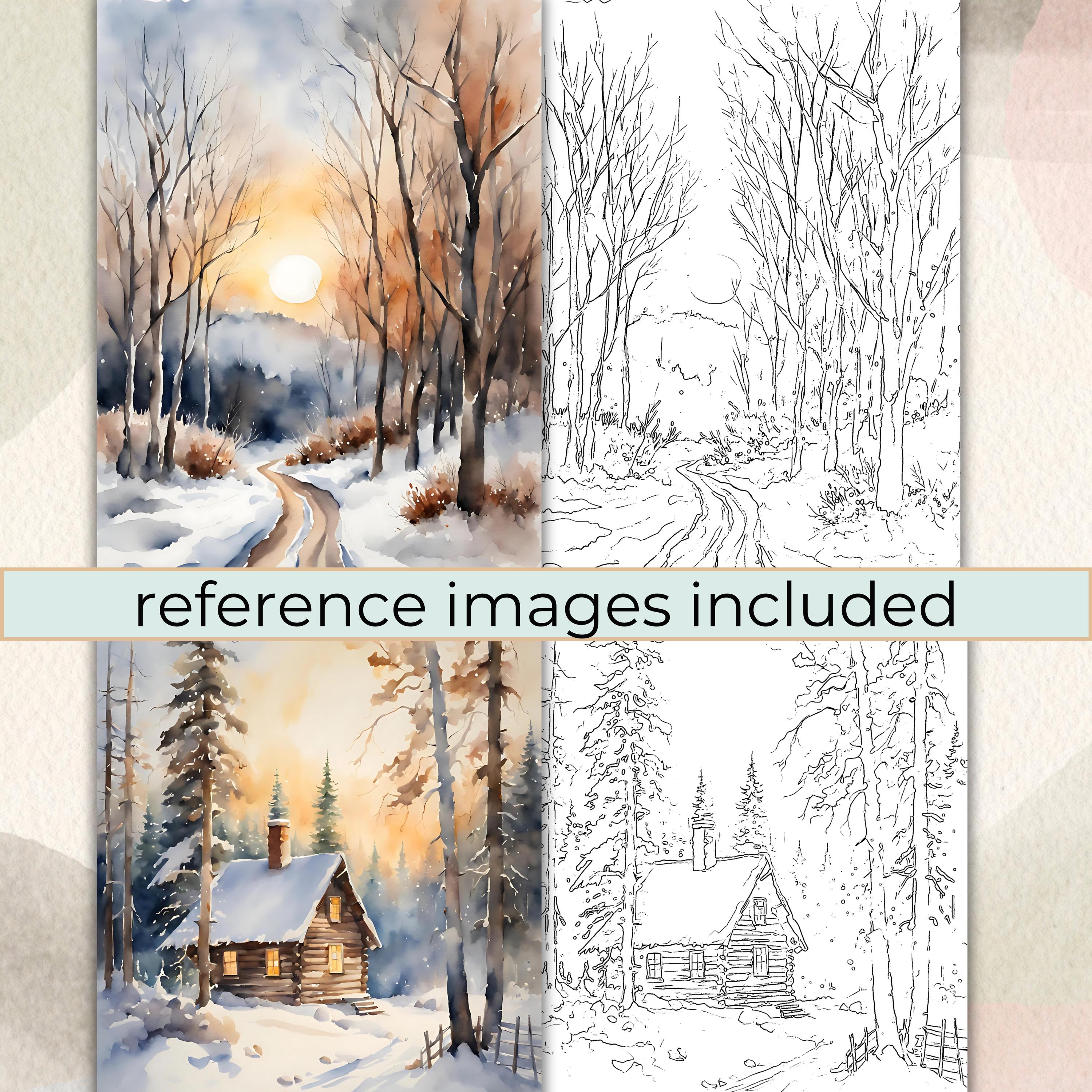 Winter Outline Drawings for Painting, Watercolor Drawing Outlines Snowy ...
