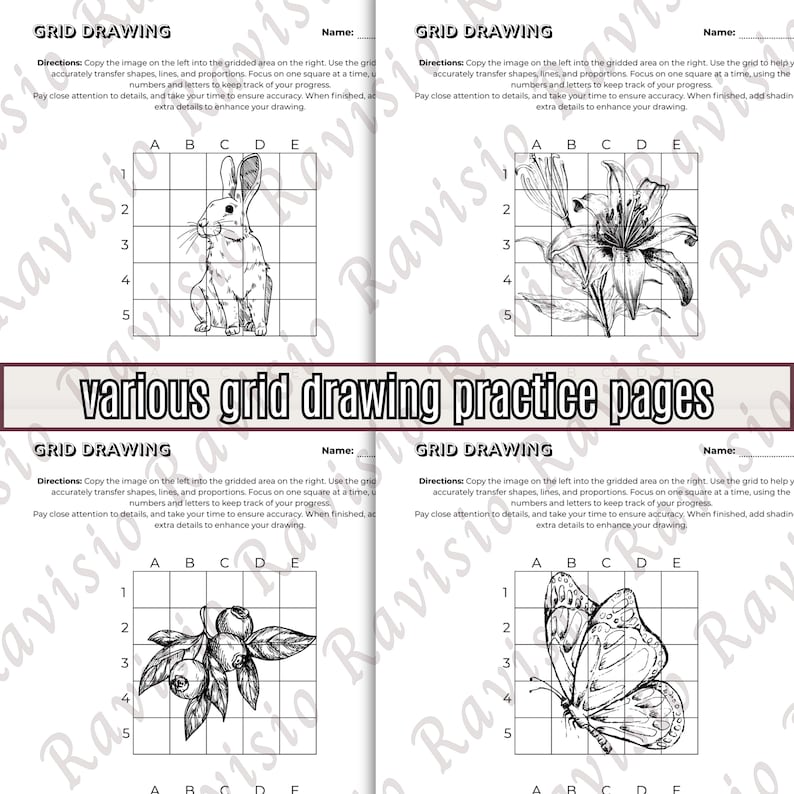 Grid Drawing Practice Worksheets, Pencil Drawing Tutorial Printable ...