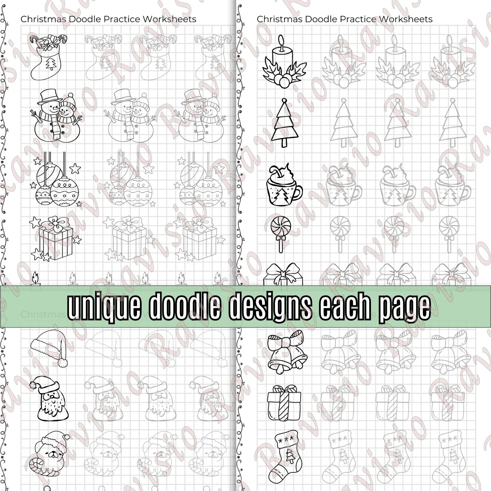 Christmas Doodle Drawing Worksheets, Printable Doodle Art Learn How to ...