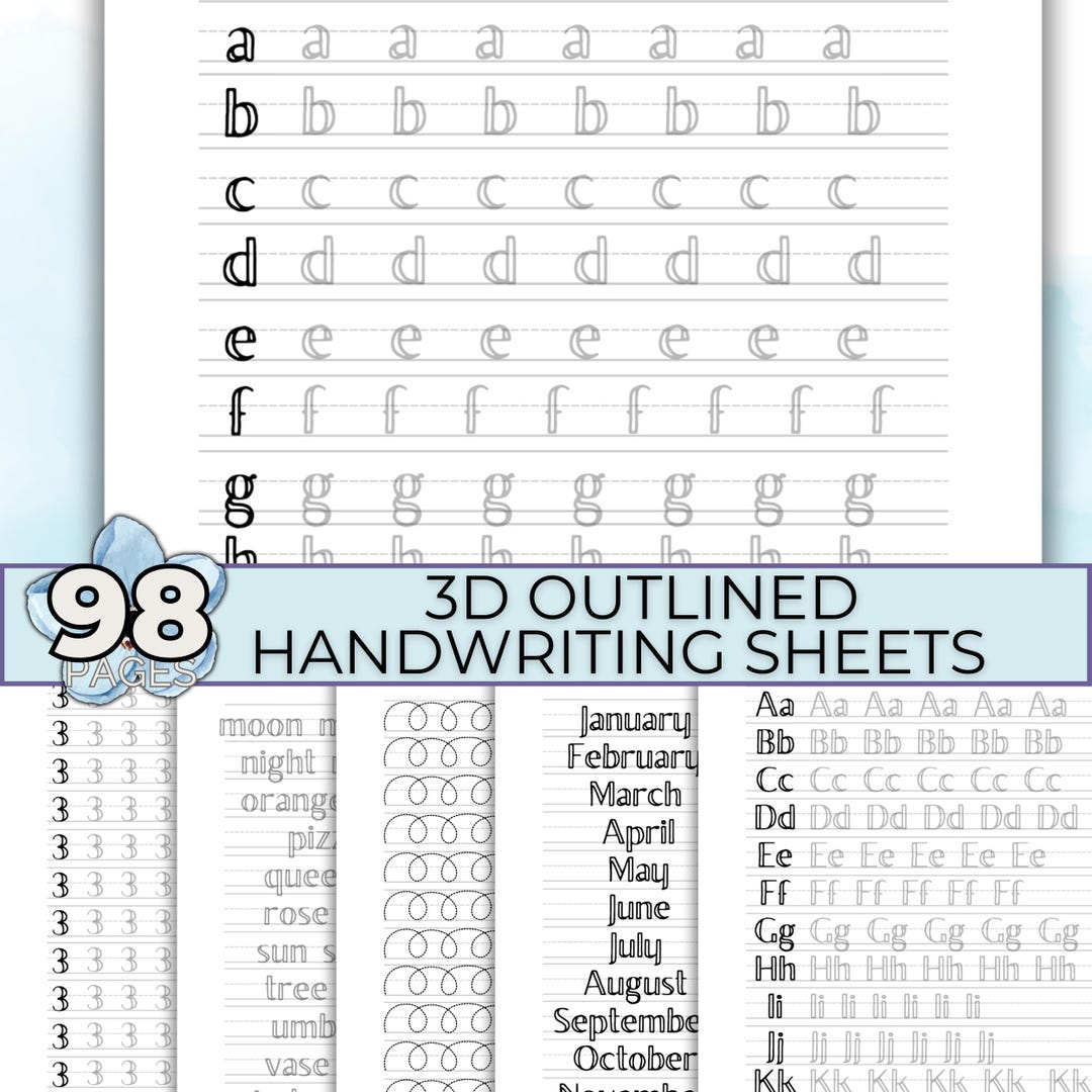 3D Outlined Handwriting Worksheets Printable, Improve Handwriting ...