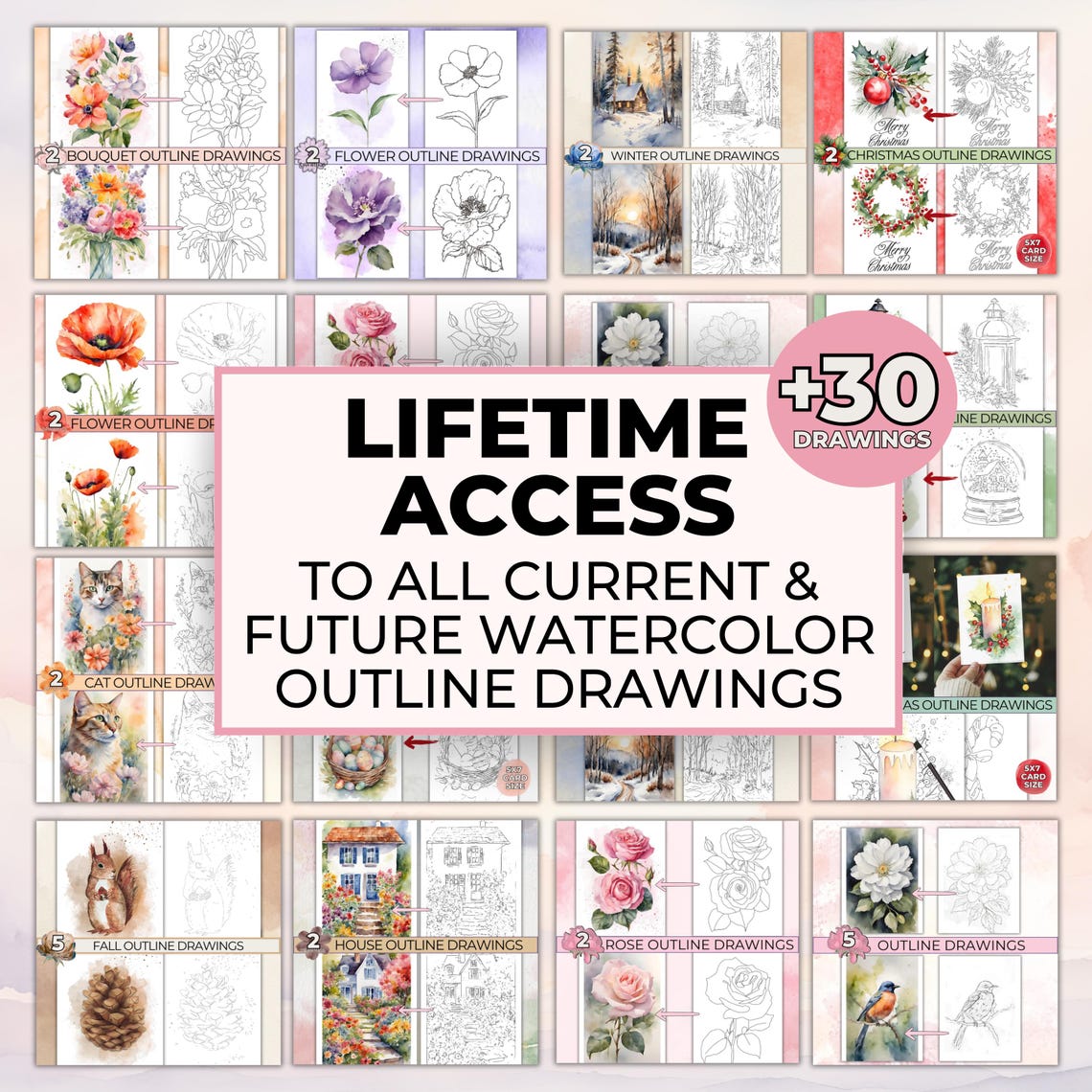Outline Drawings Bundle, Watercolor Drawing Outlines, Coloring Outline for Painting, Flower ...