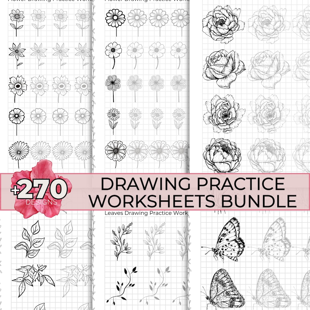 Drawing Sheets Bundle, Learn How to Draw Flowers, Leaves, Butterfly ...