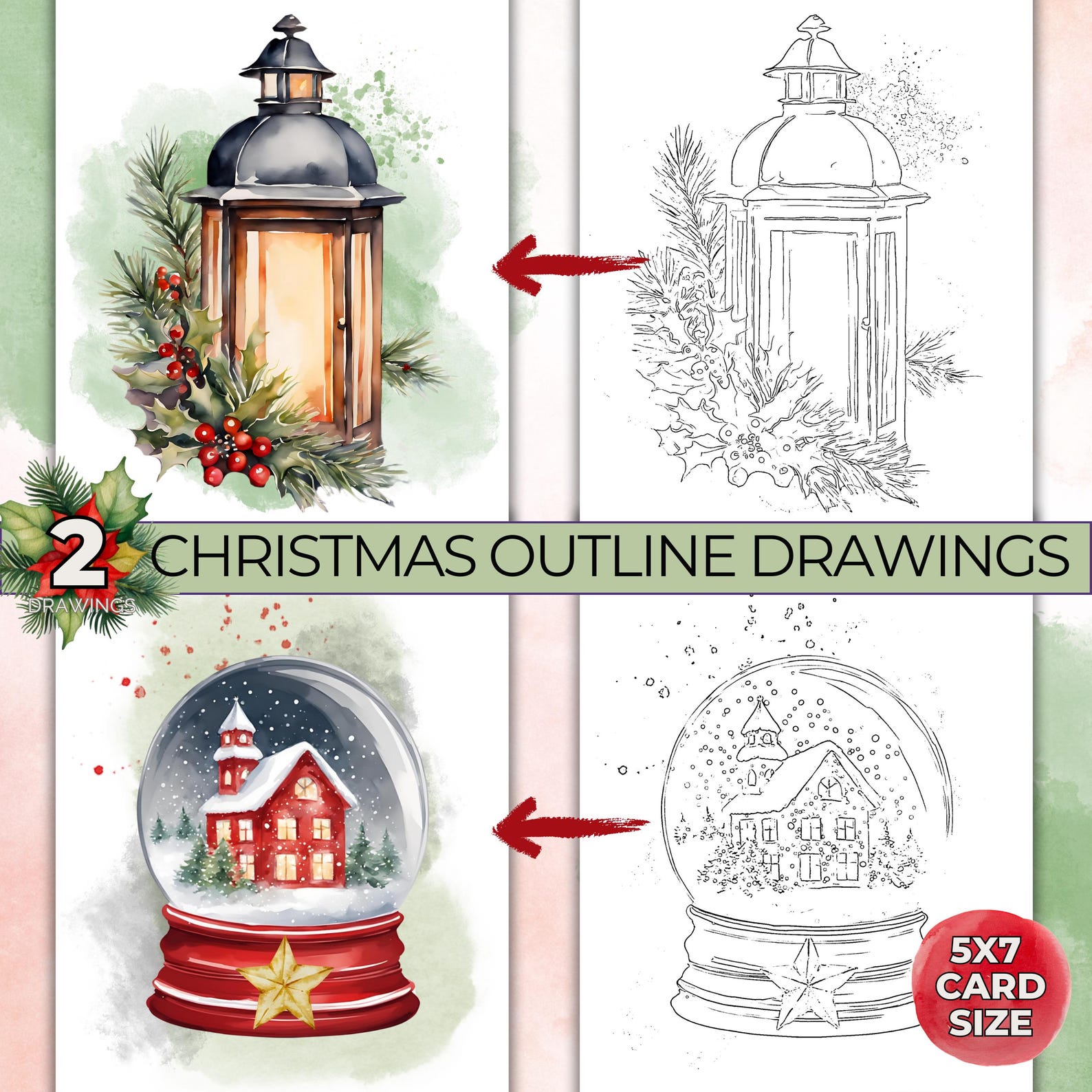Christmas Snow Globe Outline Drawings for Painting, Watercolor Drawing ...