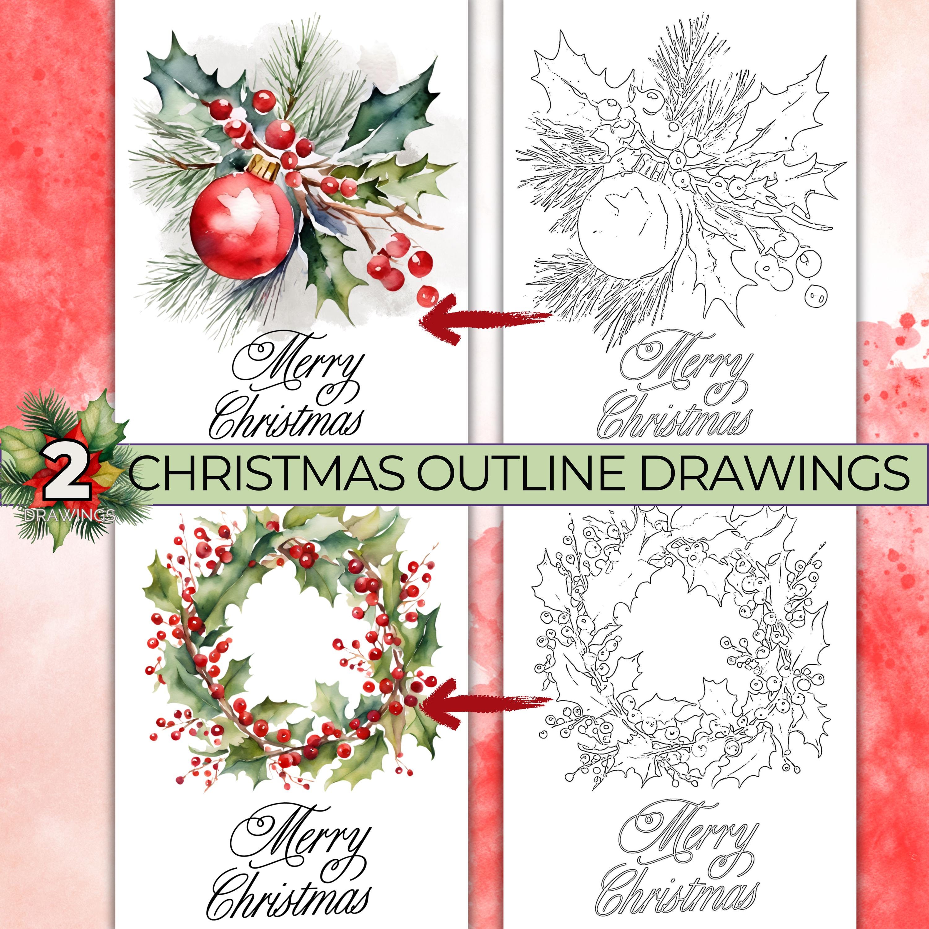 Christmas Outline Drawings for Painting, Watercolor Drawing Outlines ...