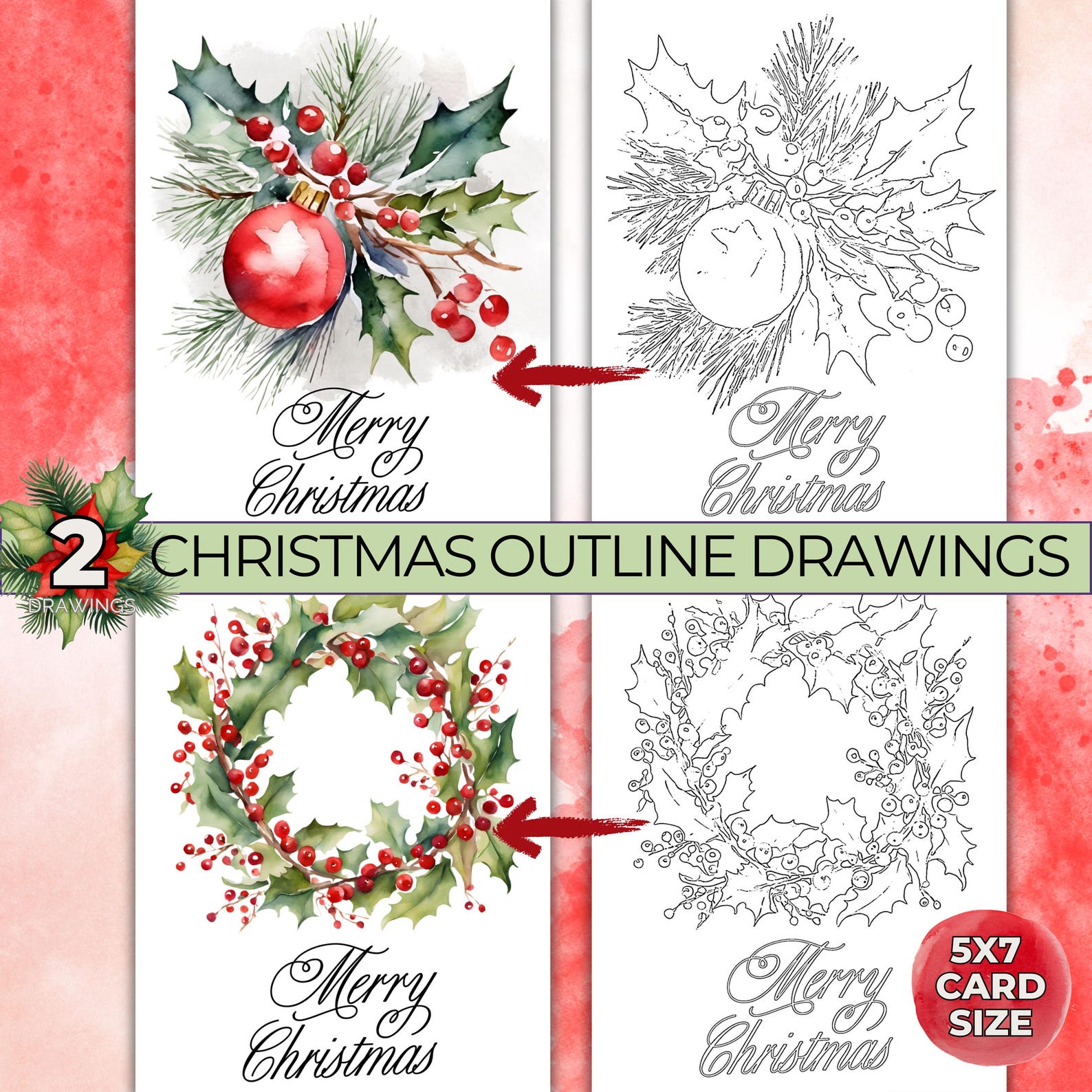 Christmas Outline Drawings for Painting, Watercolor Drawing Outlines ...