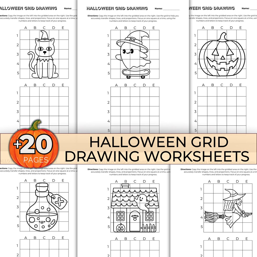 Halloween Grid Drawing Worksheets, Cute Ghost Pencil Drawing Tutorial ...