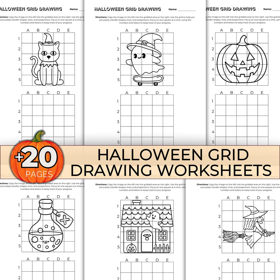 Halloween Grid Drawing Worksheets, Cute Ghost Pencil Drawing Tutorial ...