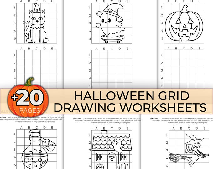 Halloween Grid Drawing Worksheets, Cute Ghost Pencil Drawing Tutorial ...