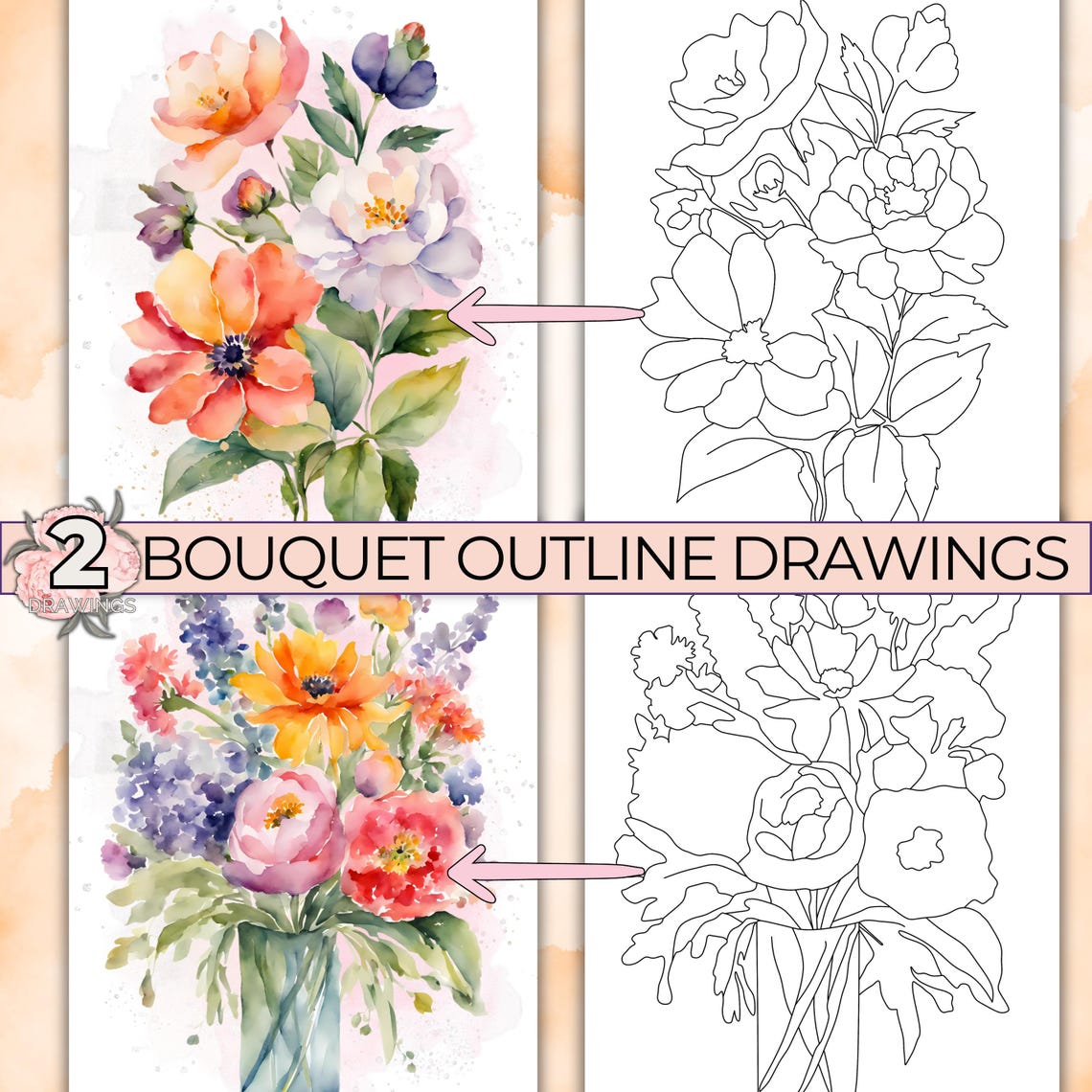 Flower Bouquet Outline Drawings for Painting, Watercolor Drawing ...