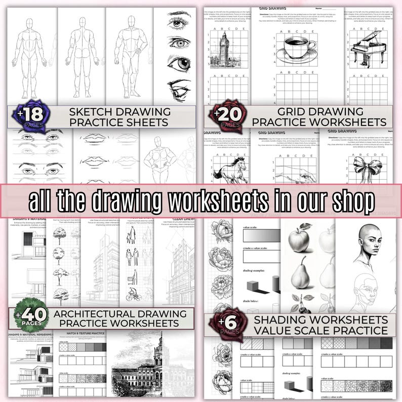 Drawing Sheets Bundle, Learn How to Draw Flowers, Leaves, Butterfly ...