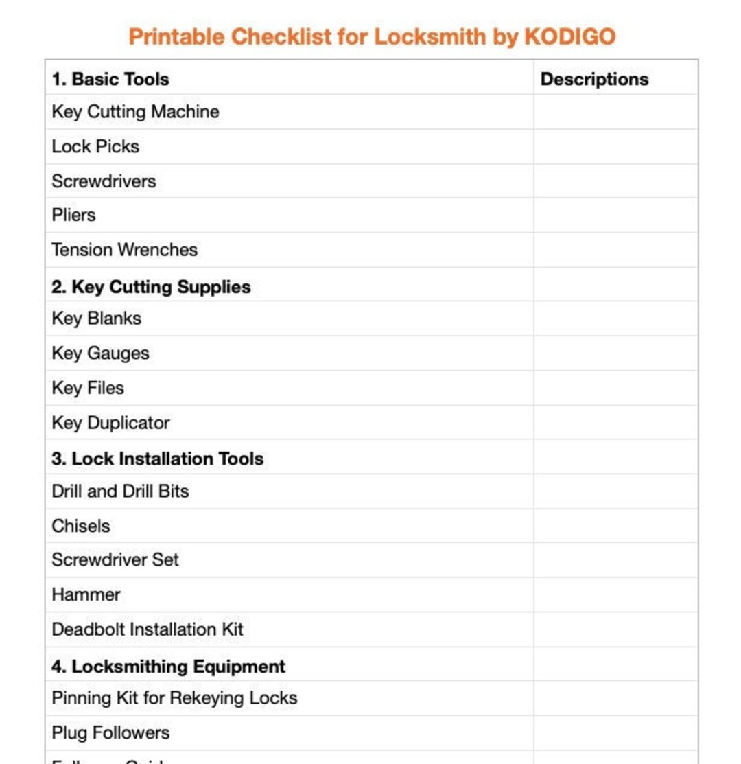 Printable Checklist for Locksmith - Etsy