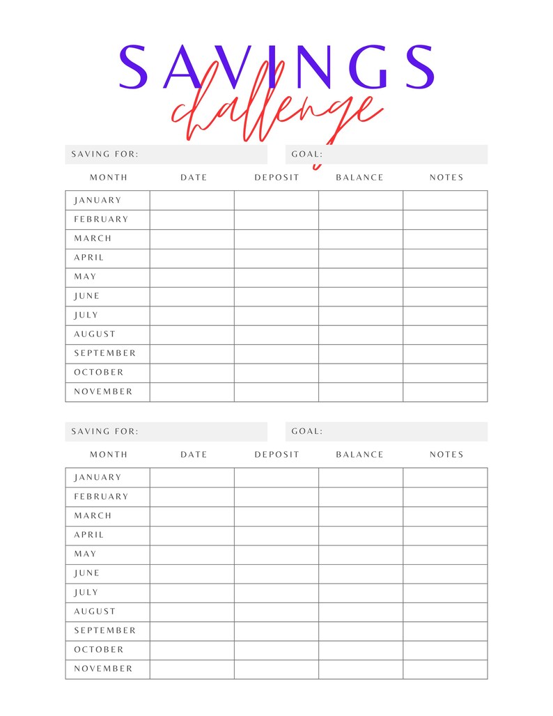 Printable Savings Challenge Tracker Finance Planner Instant Files ...