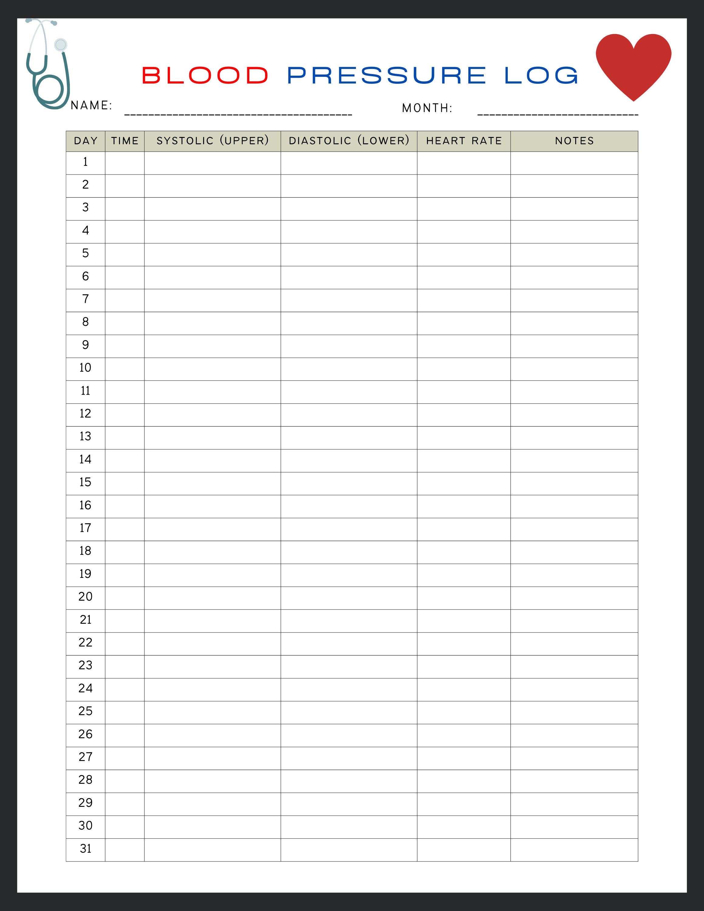 Printable Monthly Blood Pressure Log - Etsy