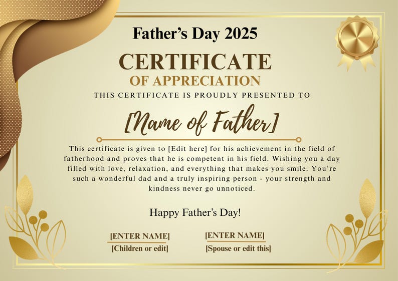 Editable Father's Day Appreciation Certificate: Printable Gift (PDF ...