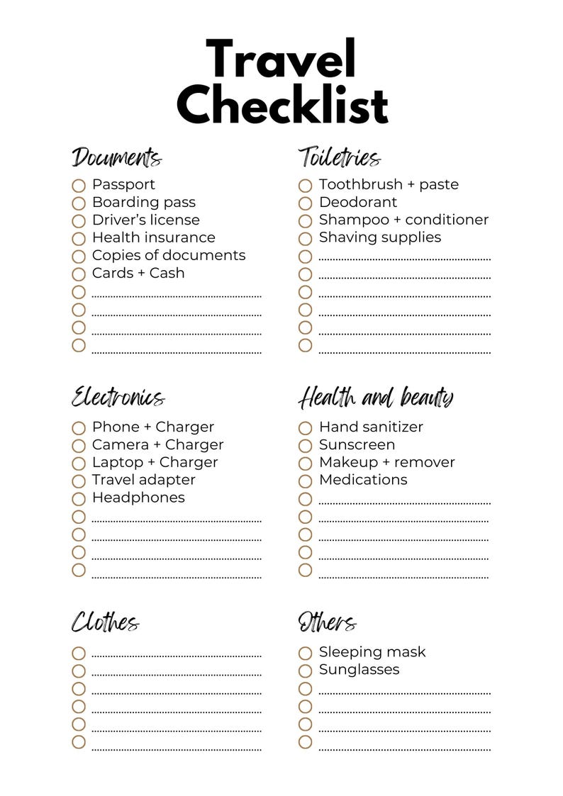 Printable Travel Packing Checklist - Etsy