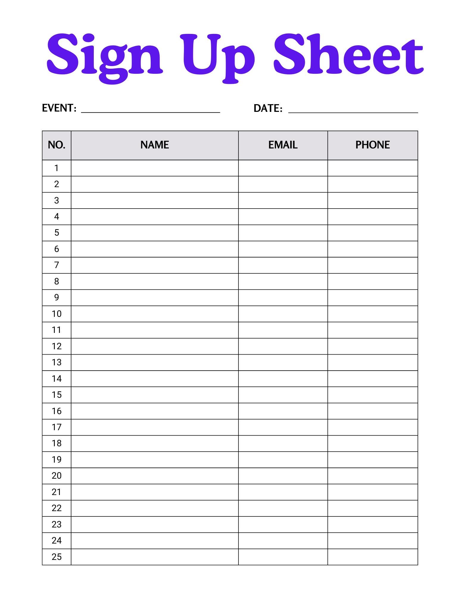 Printable Minimalist Sign up Sheet Planner - Etsy