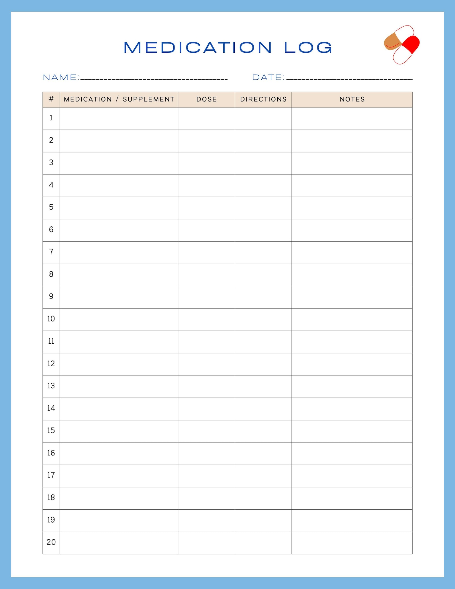 Printable Medication Log Sheet Planner (instant Download) - Etsy