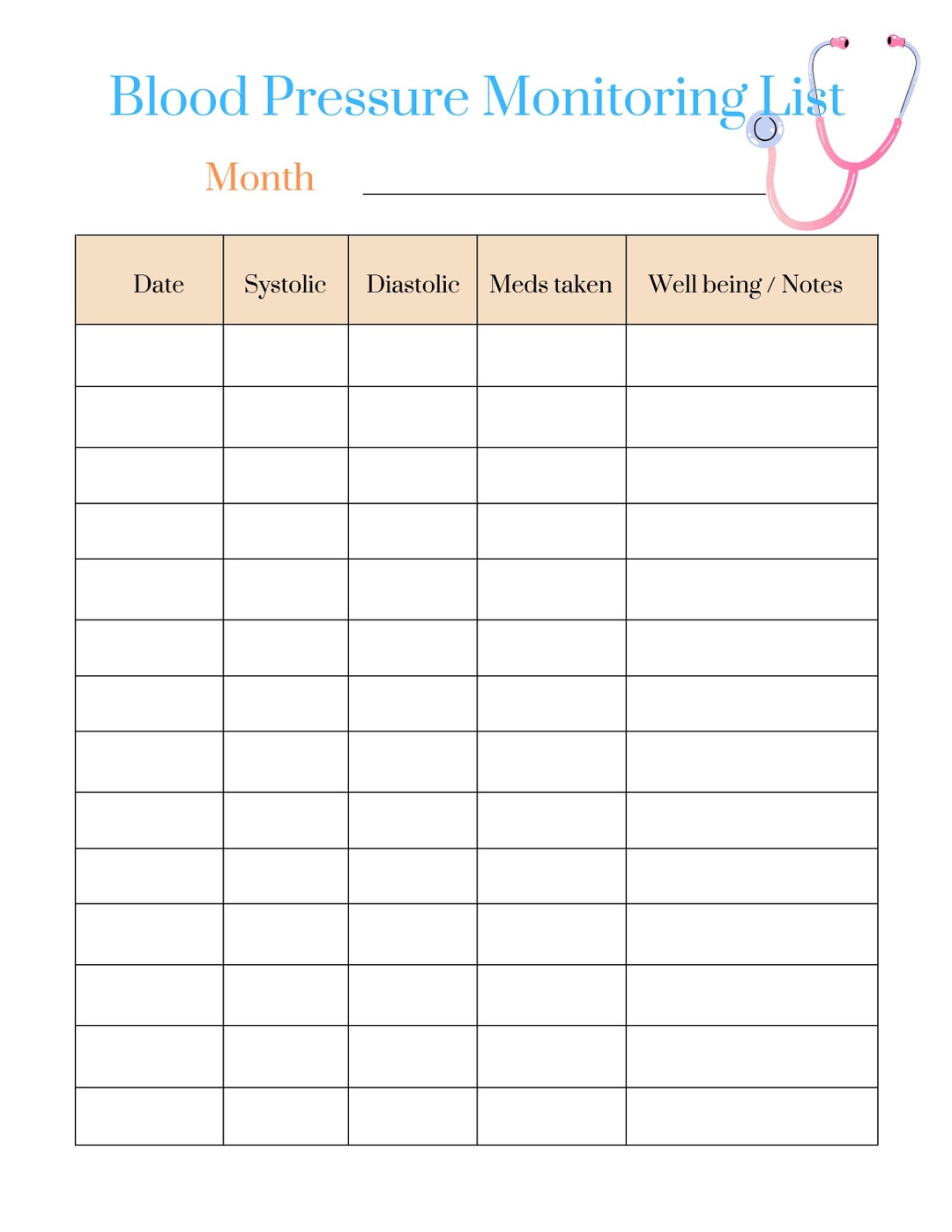 Printable Blood Pressure Monitoring List - Etsy