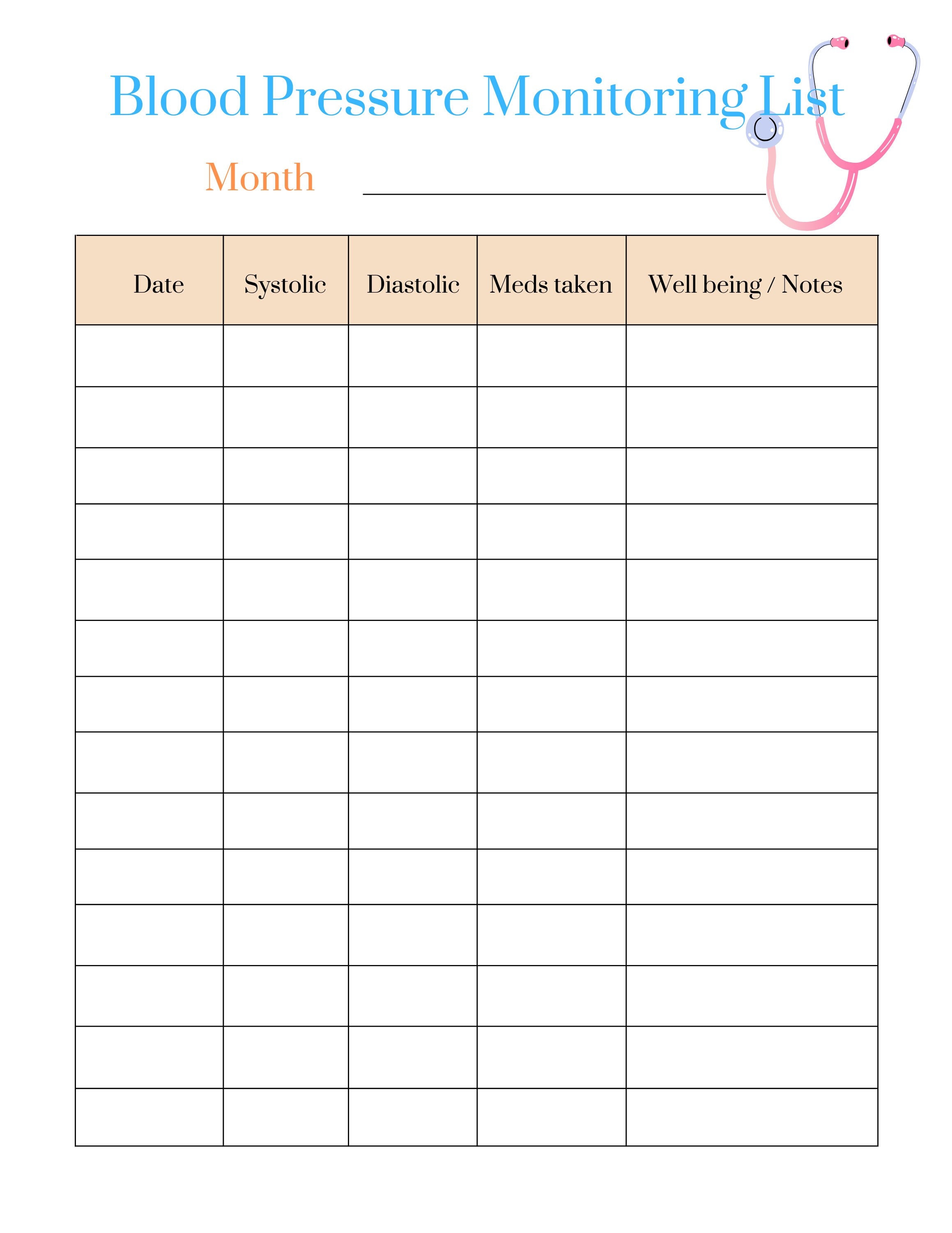 Printable Blood Pressure Monitoring List - Etsy