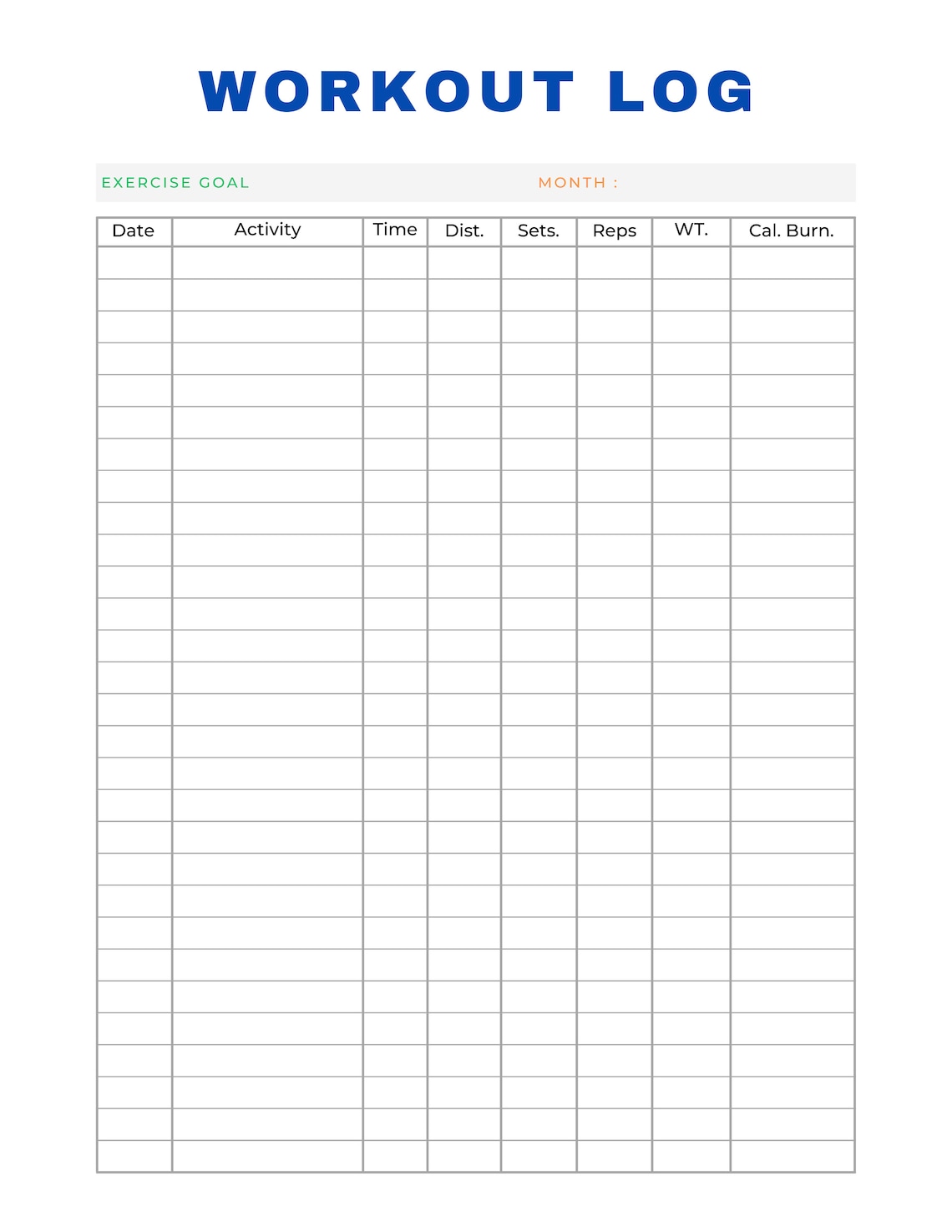 Printable Workout Log (instant Download) - Etsy