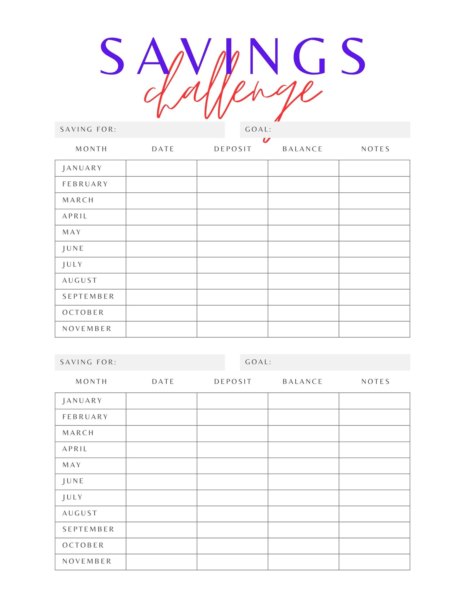 Printable Savings Challenge Tracker Finance Planner Instant Files ...