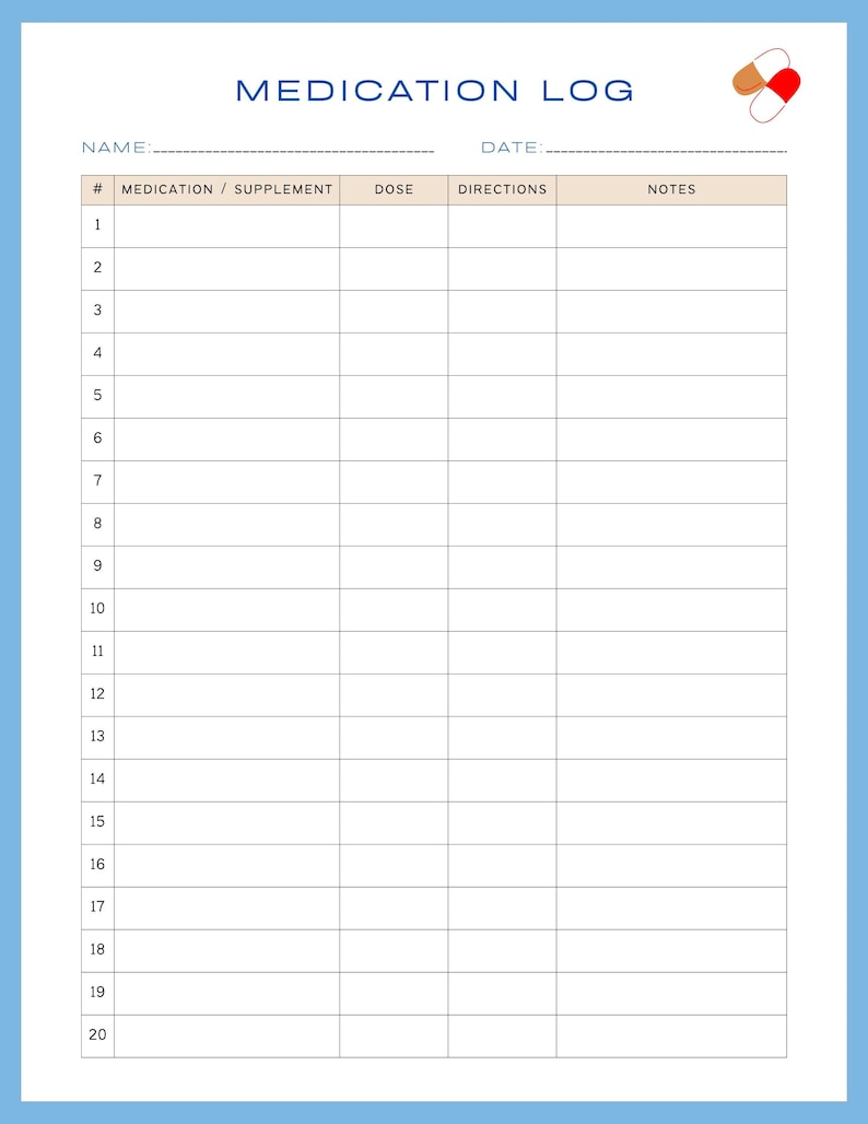 Printable Medication Log Sheet Planner (instant Download) - Etsy