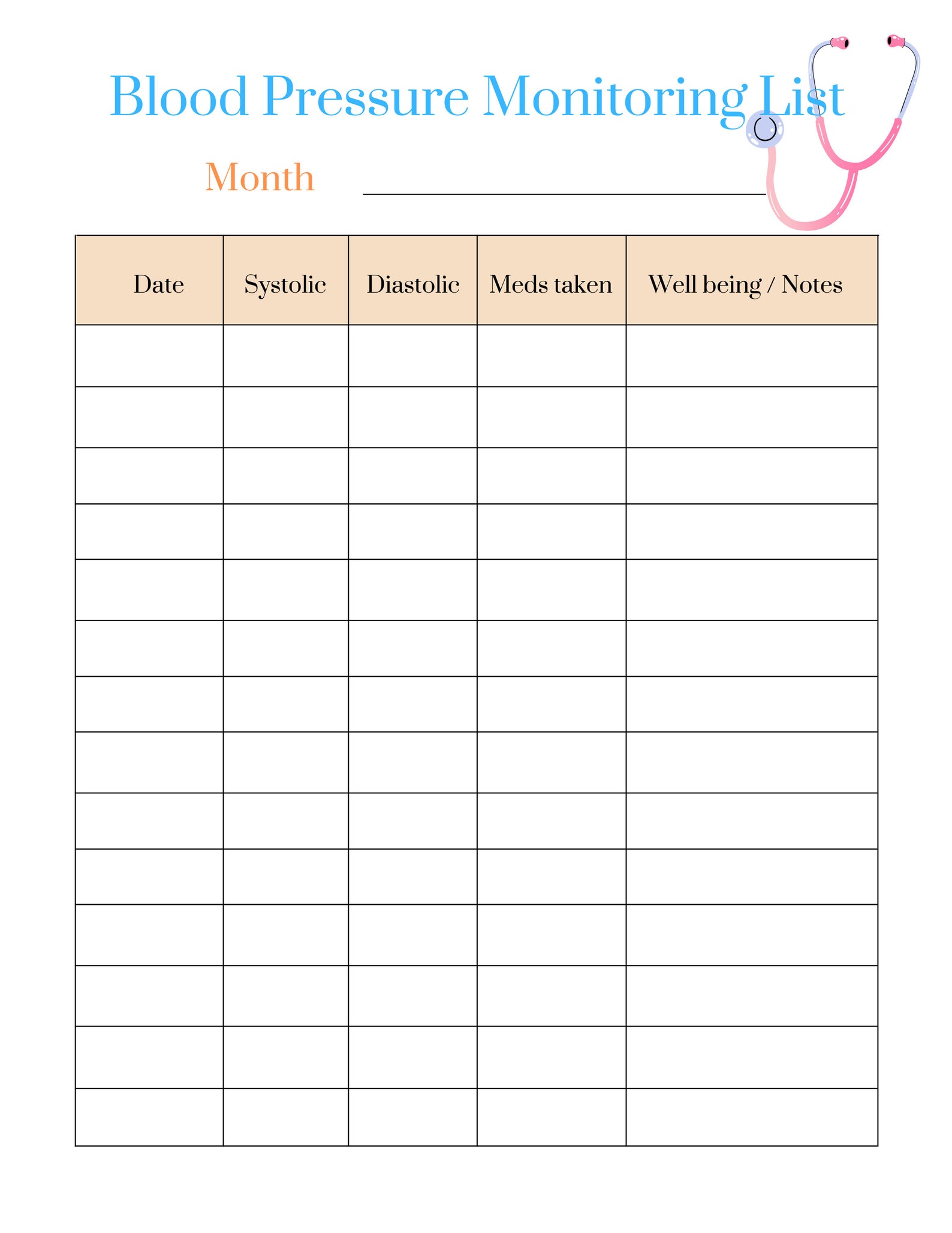 Printable Blood Pressure Monitoring List - Etsy