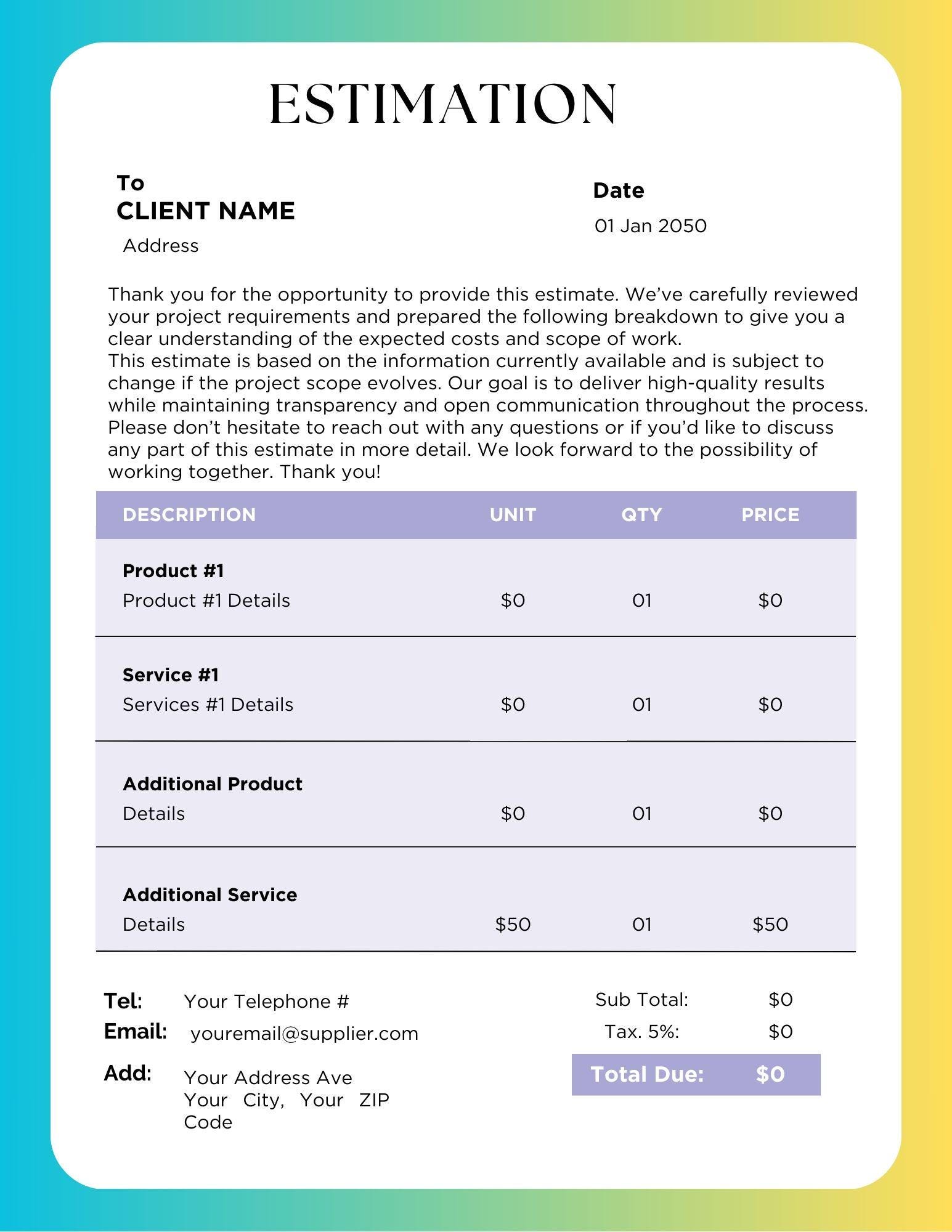 Editable and Printable Estimate Quotation Pricing One-page Template ...