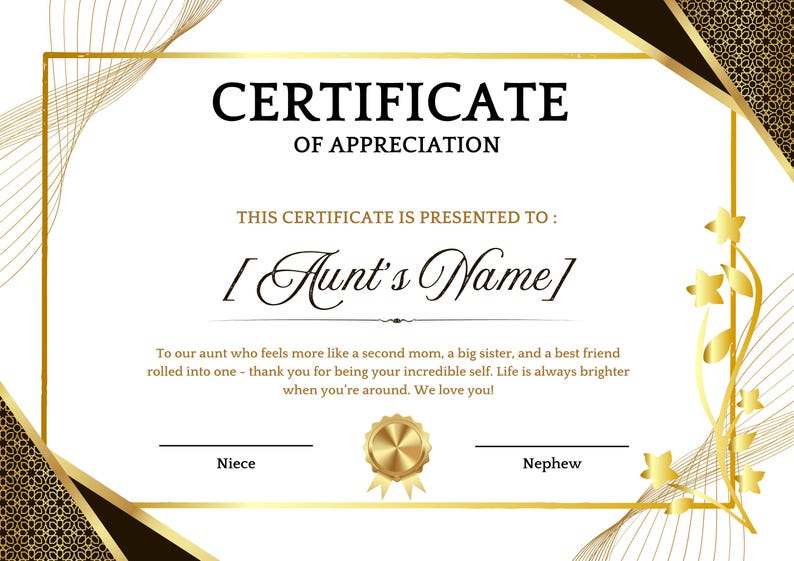 Editable Aunt Appreciation Certificate: Printable Gift (PDF & Word Docx ...