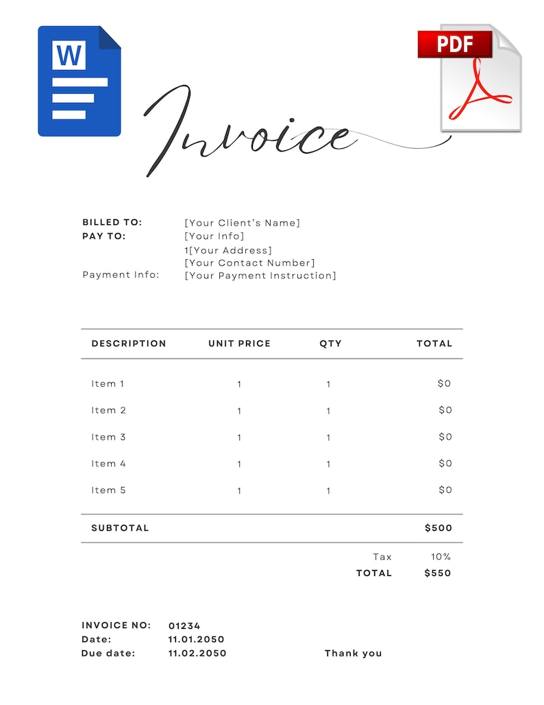 Editable and Printable Simple Minimalist Business Invoice - Etsy