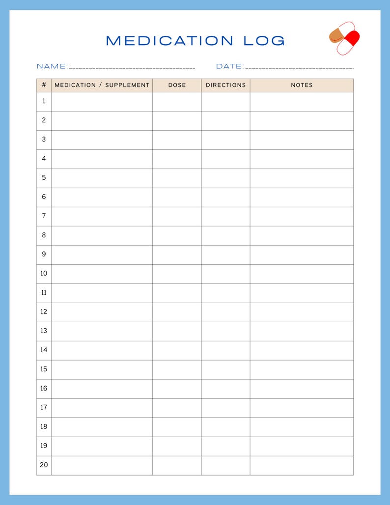 Printable Medication Log Sheet Planner (instant Download) - Etsy