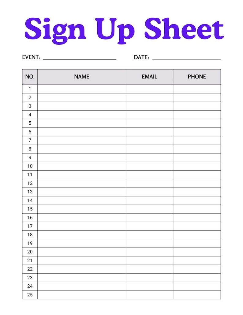 Printable Minimalist Sign up Sheet Planner - Etsy