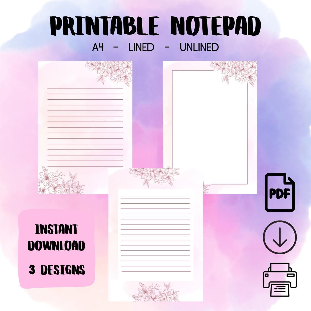 Pink Floral Notepad, Printable Notepad, Printable Stationary, Instant ...
