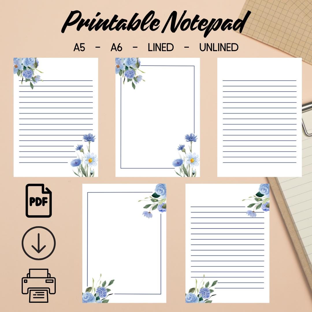 Blue Floral Notepad - A5, A6 Lined Unlined (PDF) - Etsy
