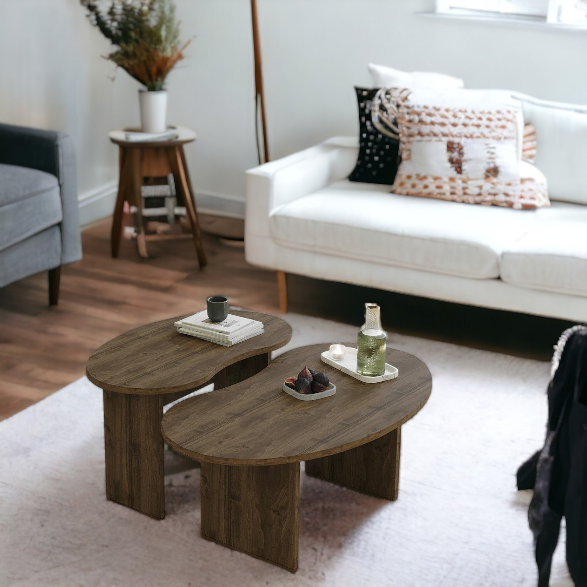 Wooden Nesting Coffee Table Set Rustic Walnut Set of 2 End & Side ...