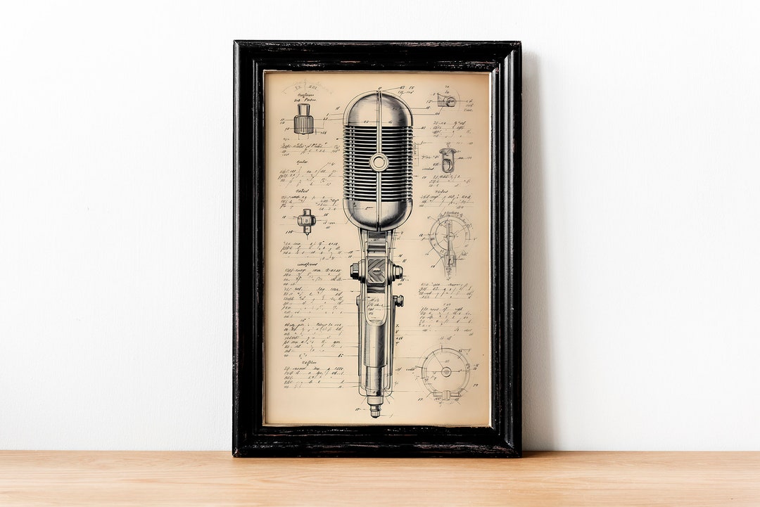 Vintage Microphone Blueprint Canvas Art, Classic Mic Schematic Print ...