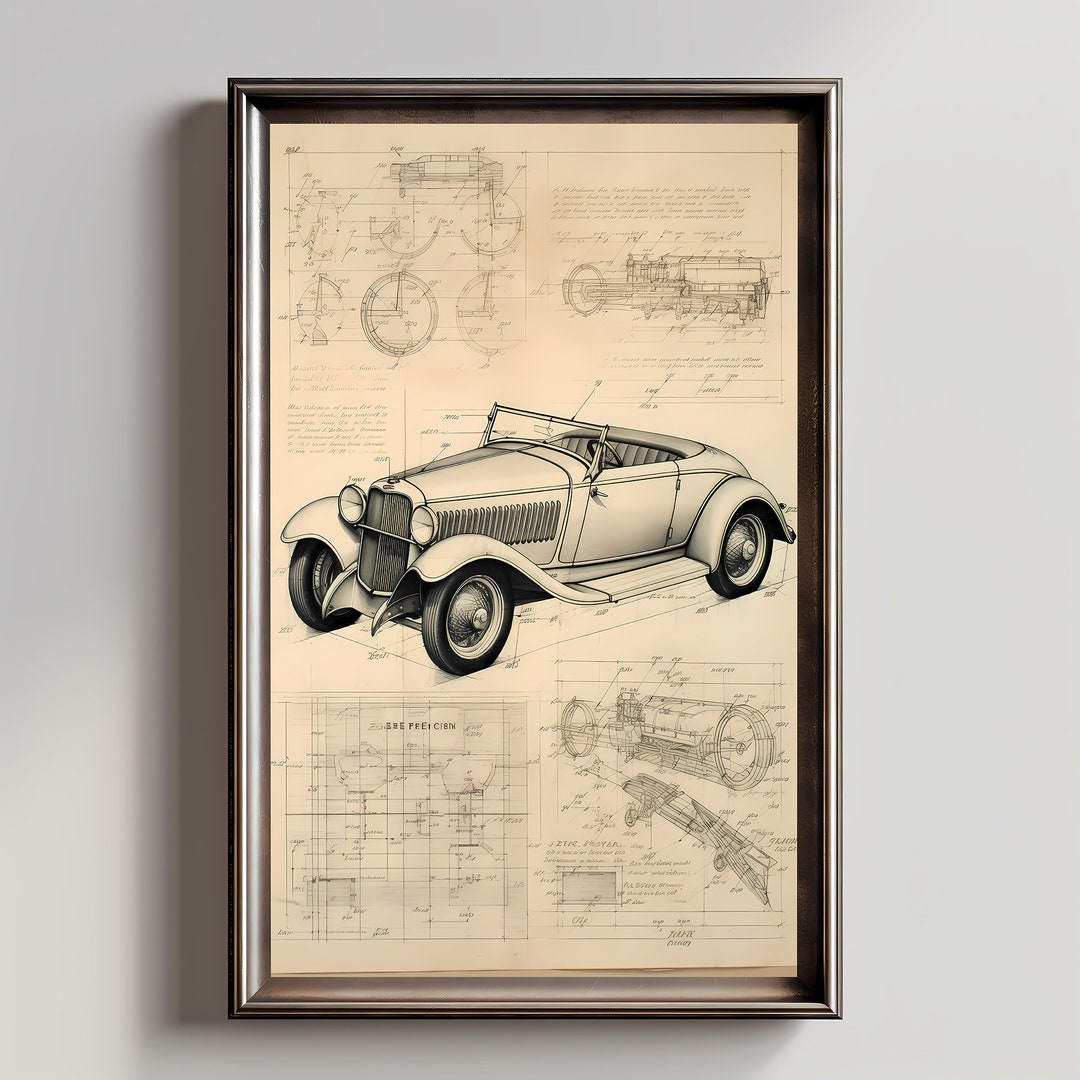 Vintage Car Blueprint Art, Classic Automobile Design Canvas Poster ...