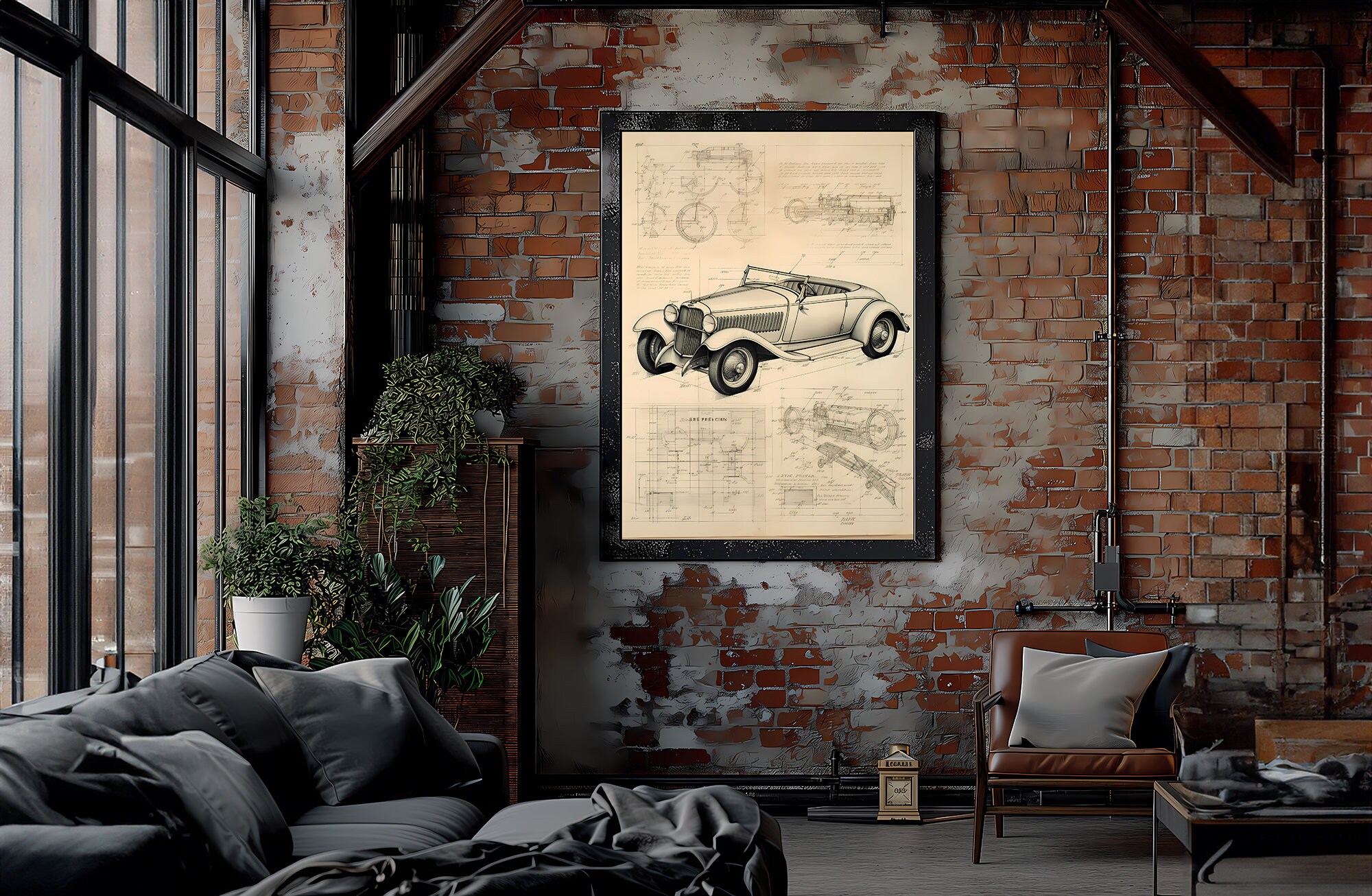 Vintage Car Blueprint Art, Classic Automobile Design Canvas Poster ...