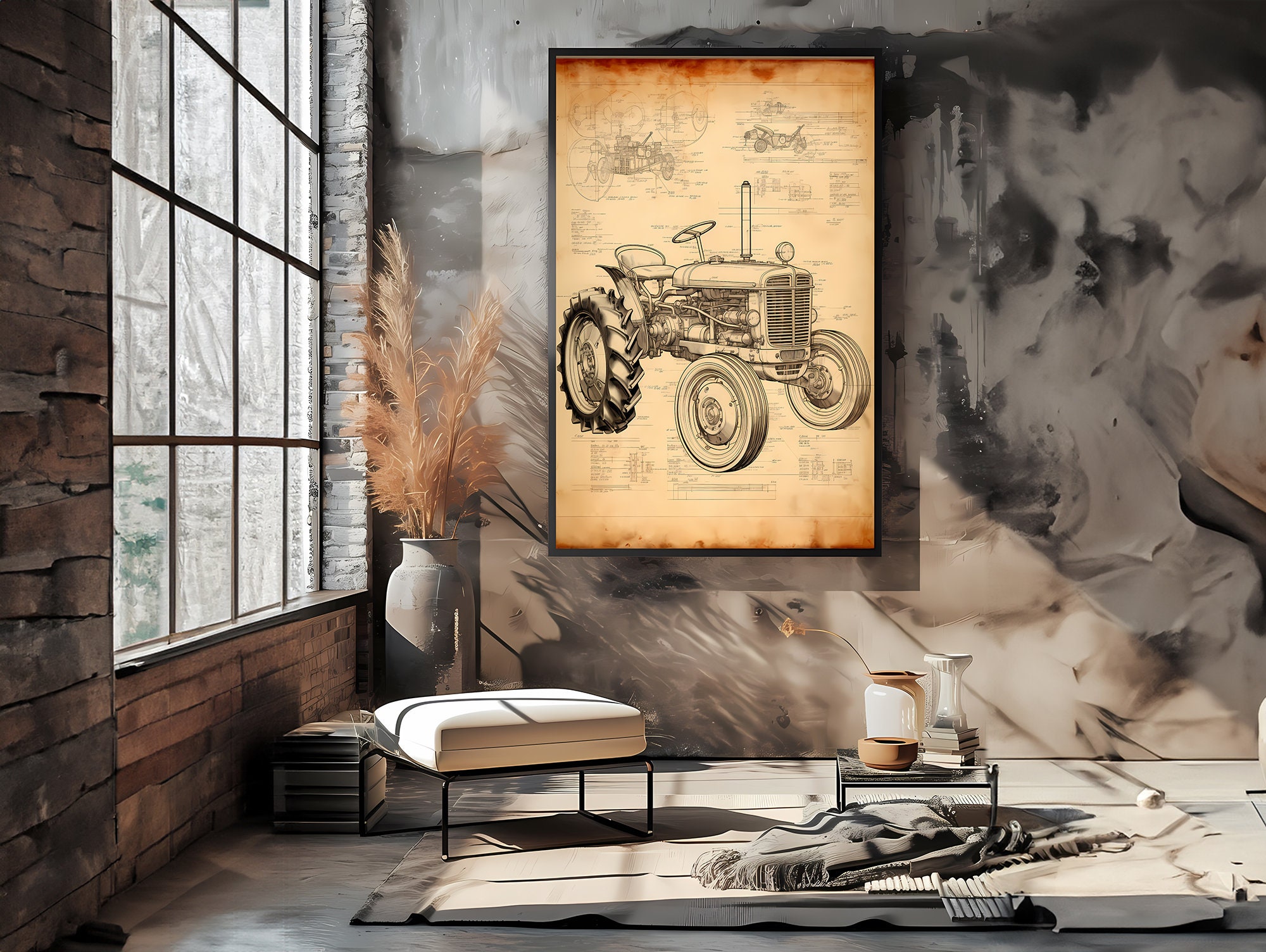 Vintage Tractor Blueprint Art, Farm Machinery Design Canvas Poster ...