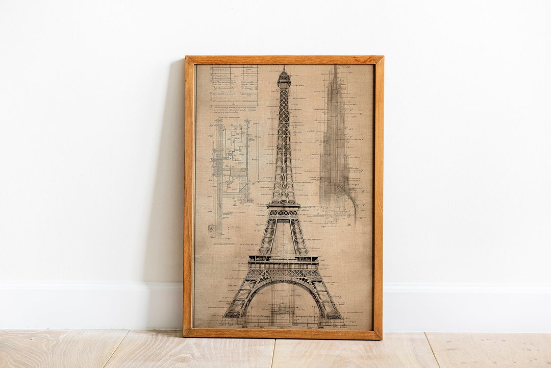 Eiffel Tower Blueprint Canvas Art - Schematic Poster, Paris Landmark ...