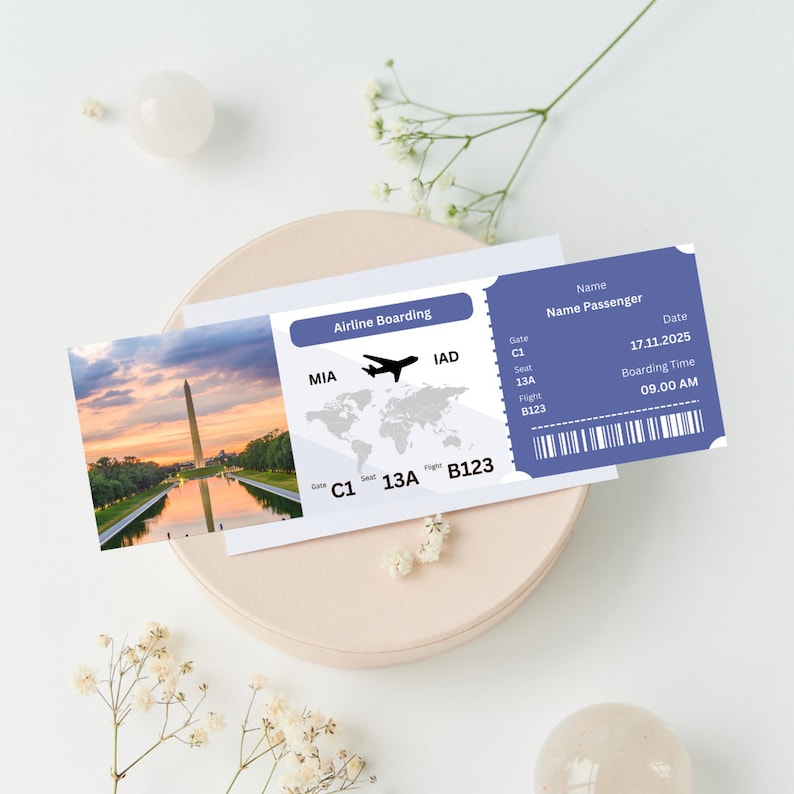 Printable Flight Digital Tickets, Travel Boarding Pass Editable Ticket ...
