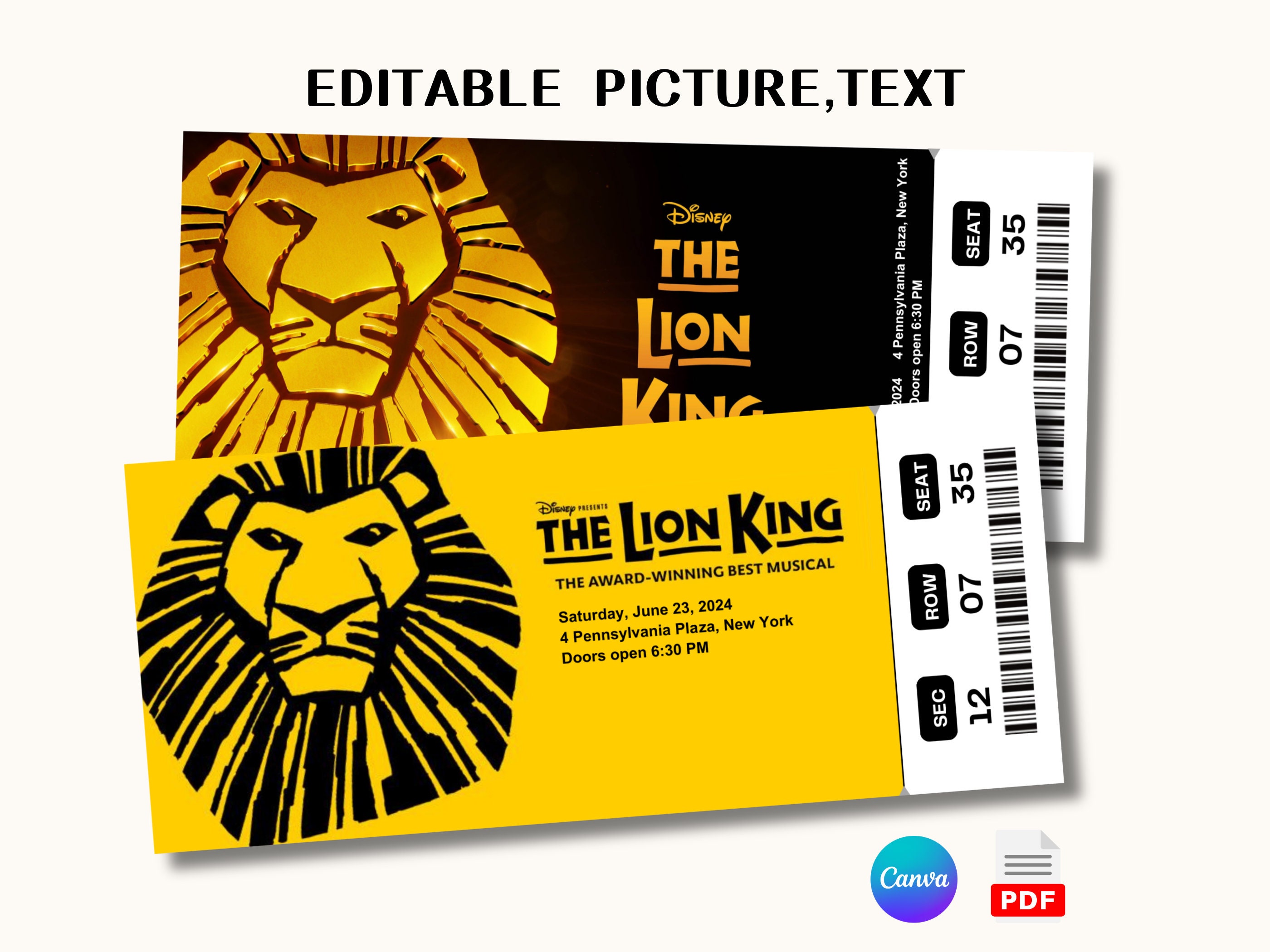 Printable the Lion King Theatre Musical Digital Tickets, Broadway ...