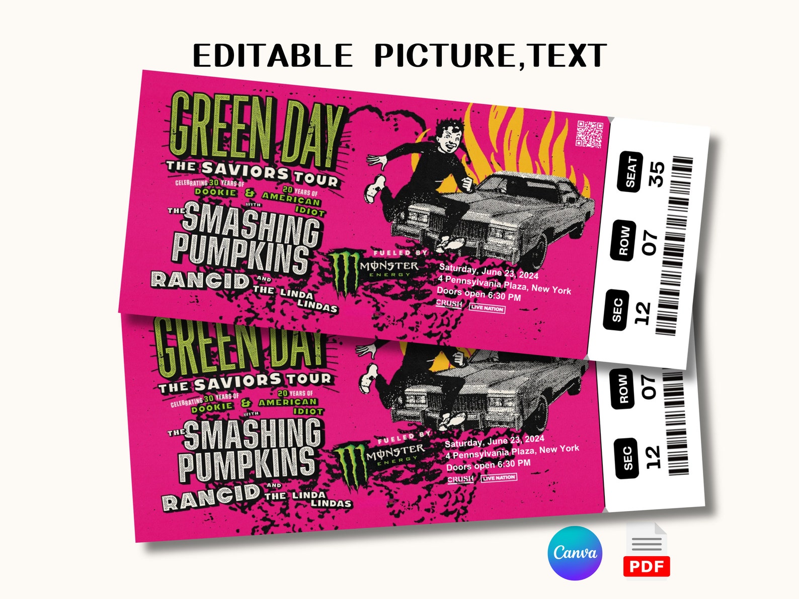 Editable Green Day Saviors Tour 2024 Concern Digital Tickets, Music ...