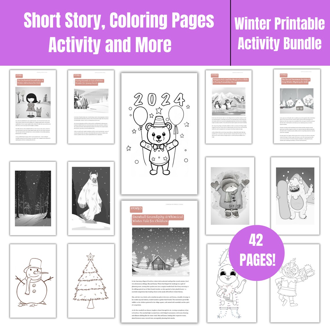 5 Winter Short Stories for Kids, Printable Activity Bundle, Coloring ...
