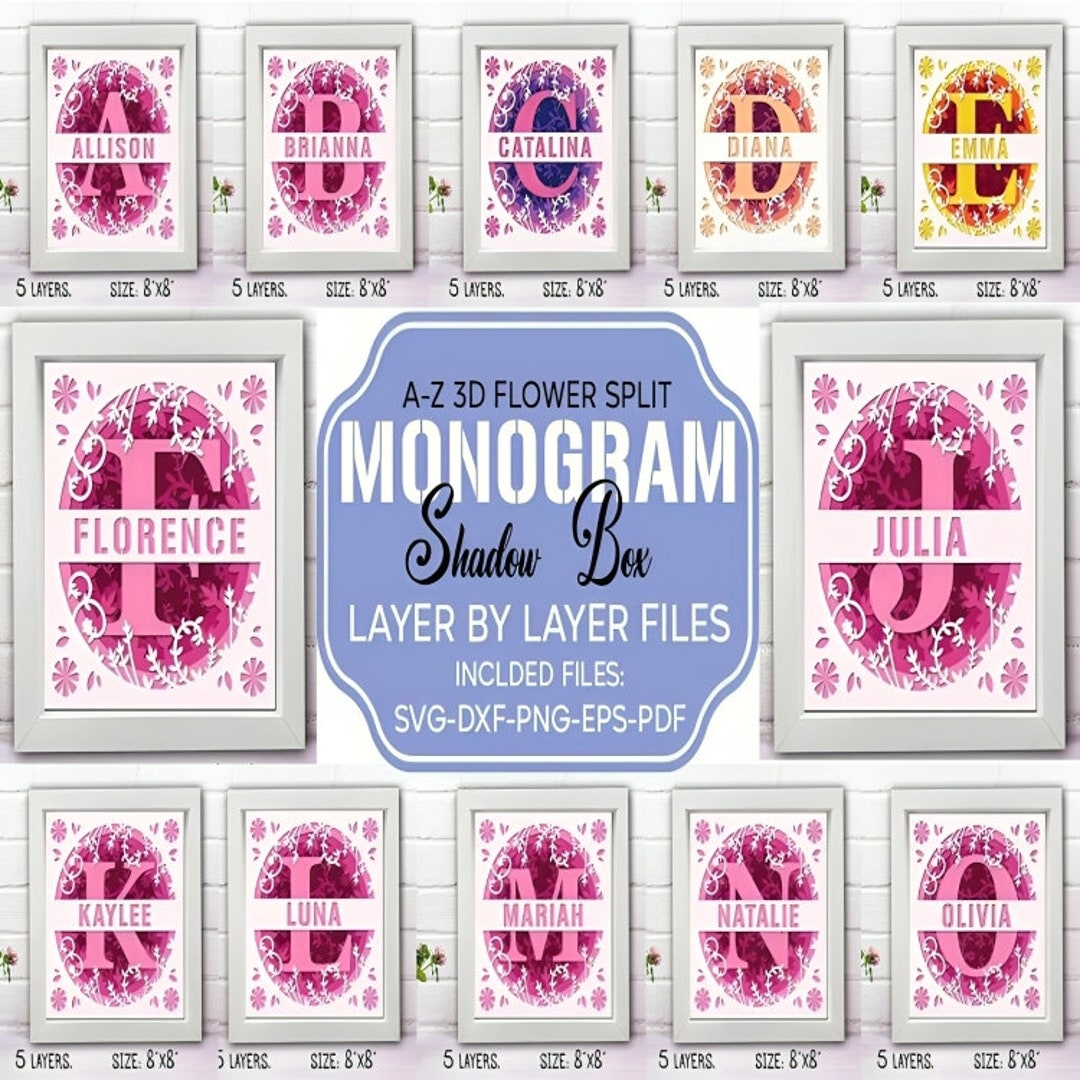 A-Z 3D Flower Split Monogram Shadow Box Bundle, 3D Split Shadow Box, Layered Paper Art, Alphabet ...