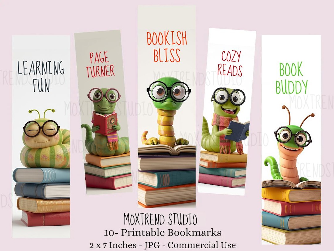 Whimsical Bookworm Bookmarks: Printable Kids Craft, Funny Ephemera (JPG ...