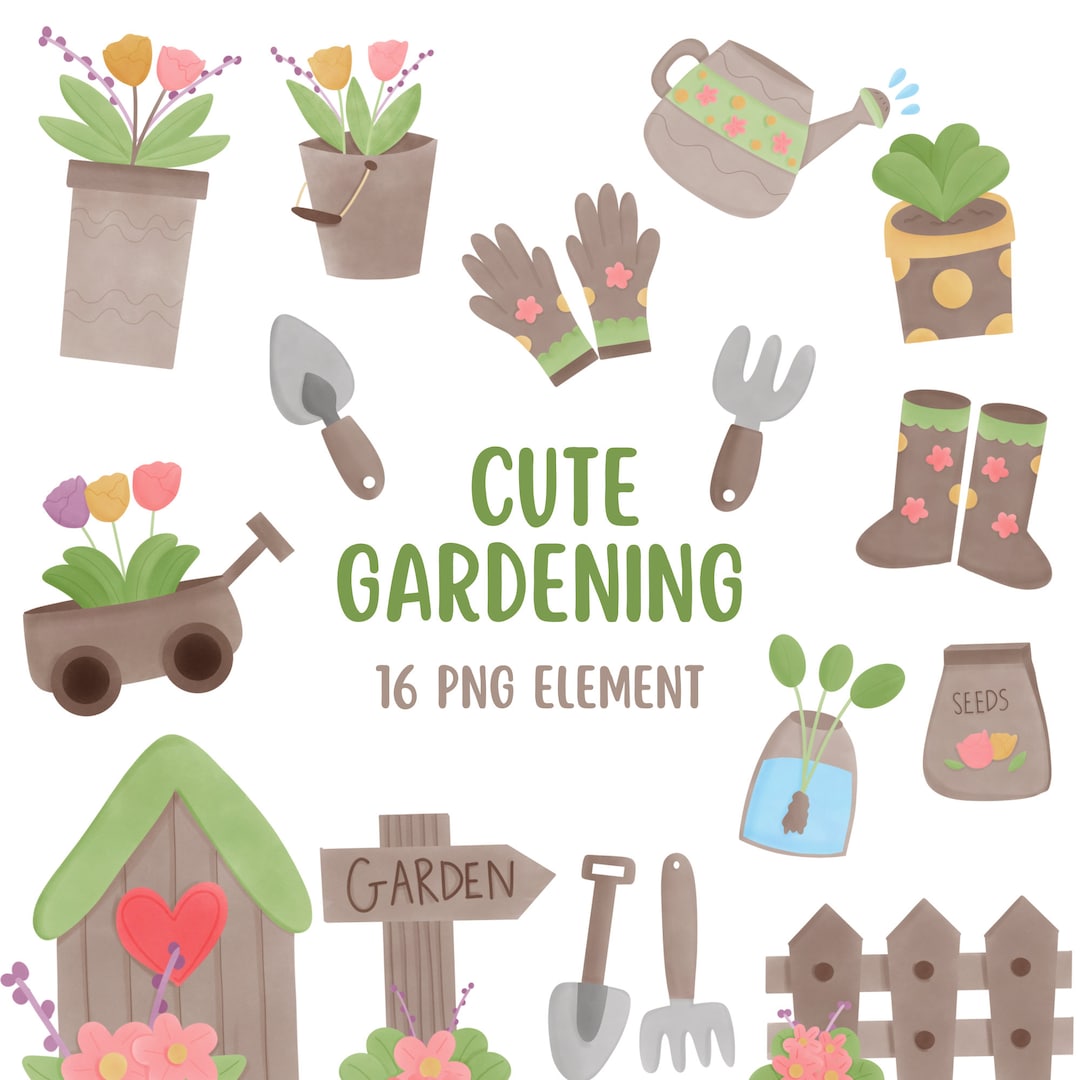 Gardening Clipart Set, Watercolor Garden, Garden Tools, Shovels, Flower ...